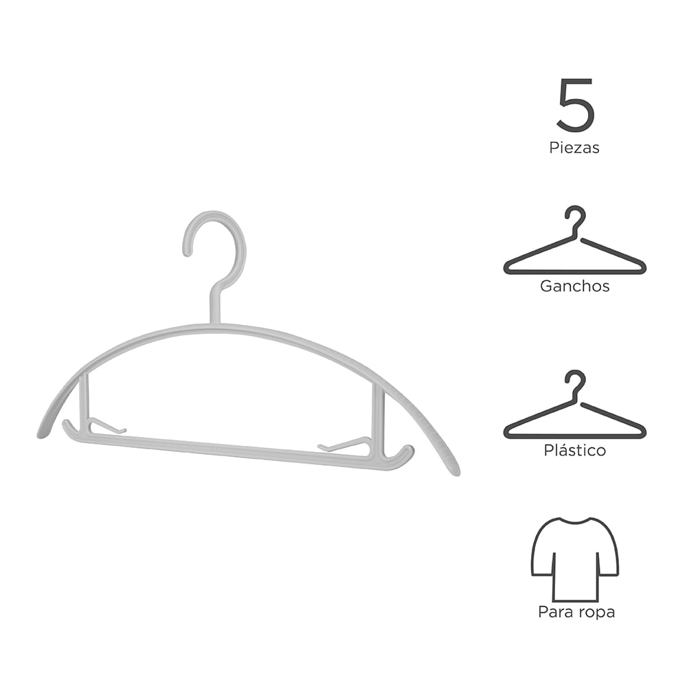 Gancho para Ropa de Plastico de Color Gris 5 Pzas