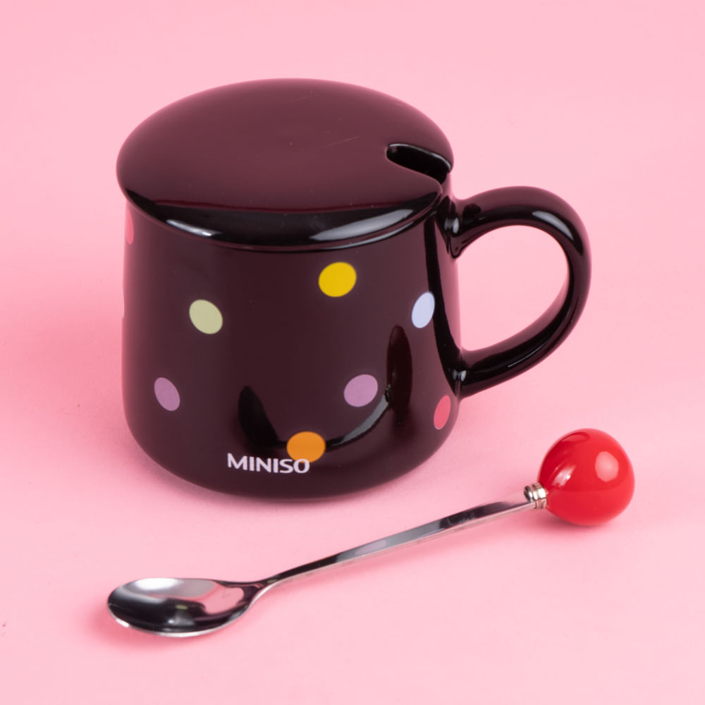 Taza Ceramica con Cuchara y Tapa 300Ml Serie Dots Negro - Miniso
