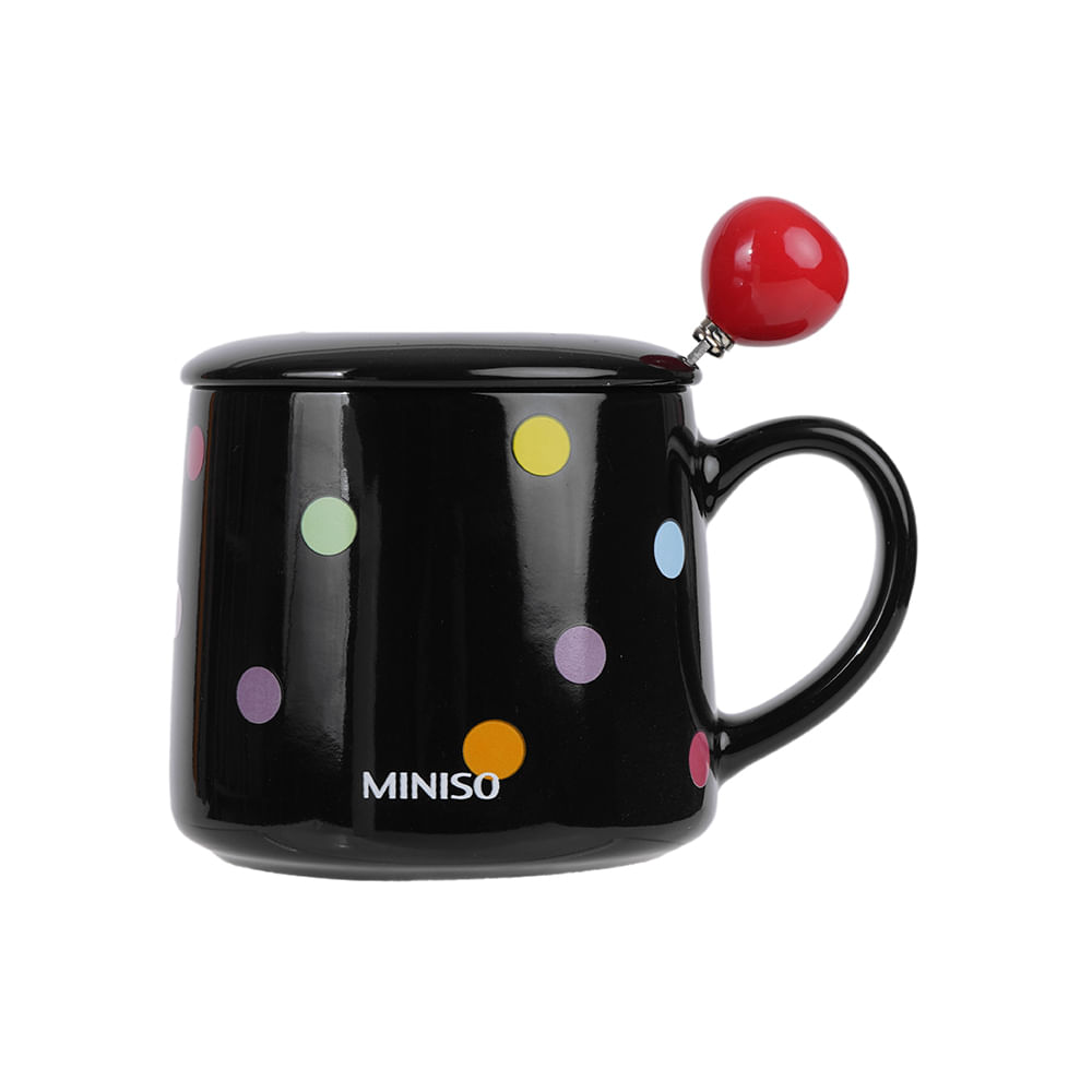 Taza Ceramica con Cuchara y Tapa 300Ml Serie Dots Negro - Miniso